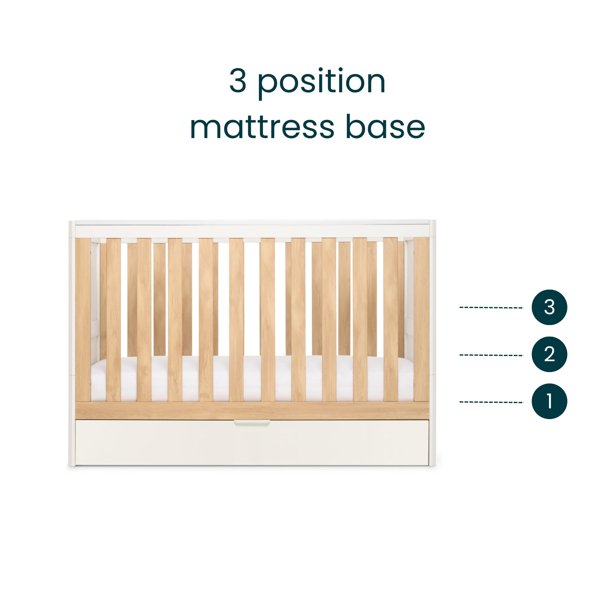 Riley Mini Cot Bed with Storage Drawer White & Maple Oak | Tutti Bambini