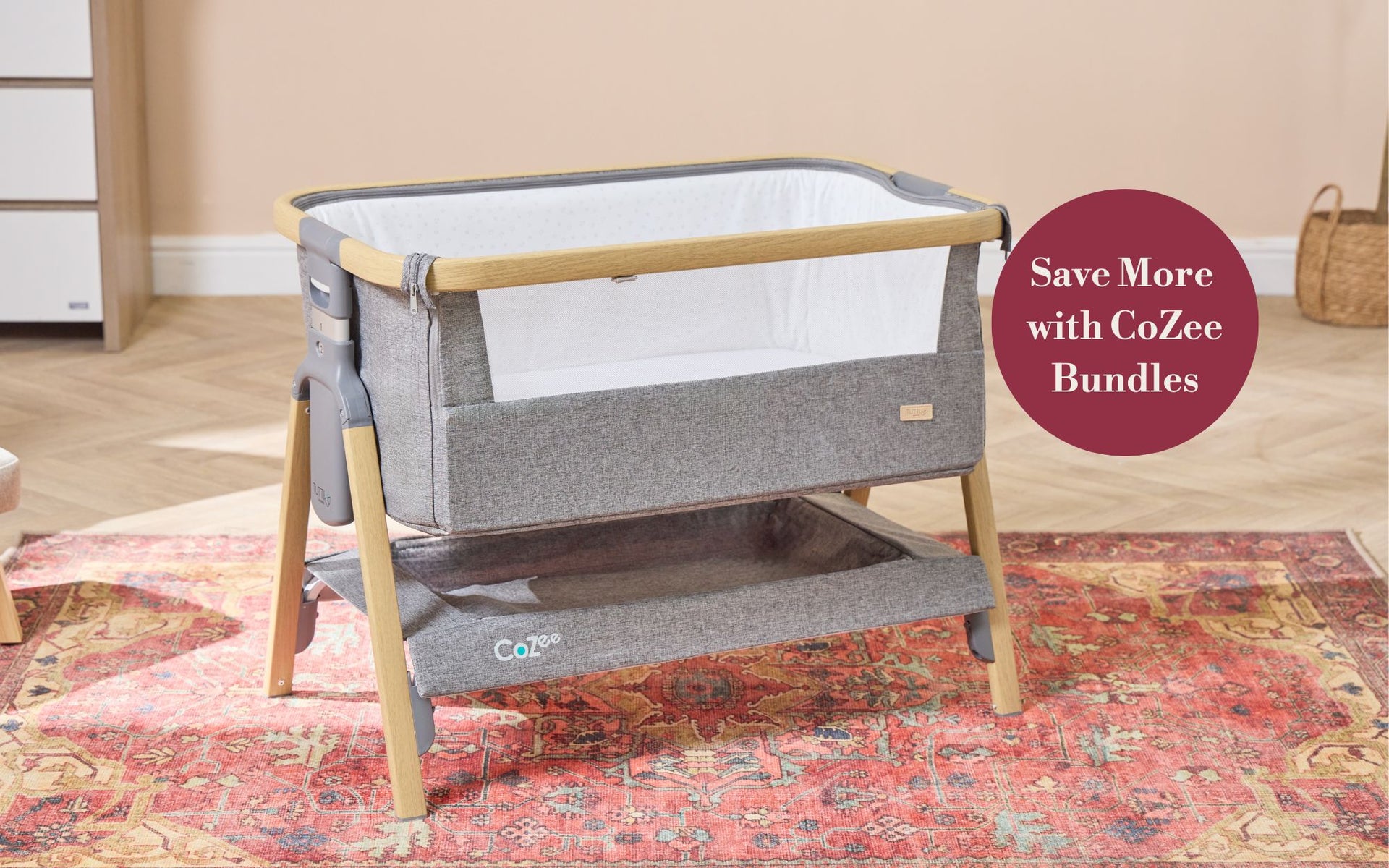 CoZee Bedside Crib Oak and Charcoal | Tutti Bambini