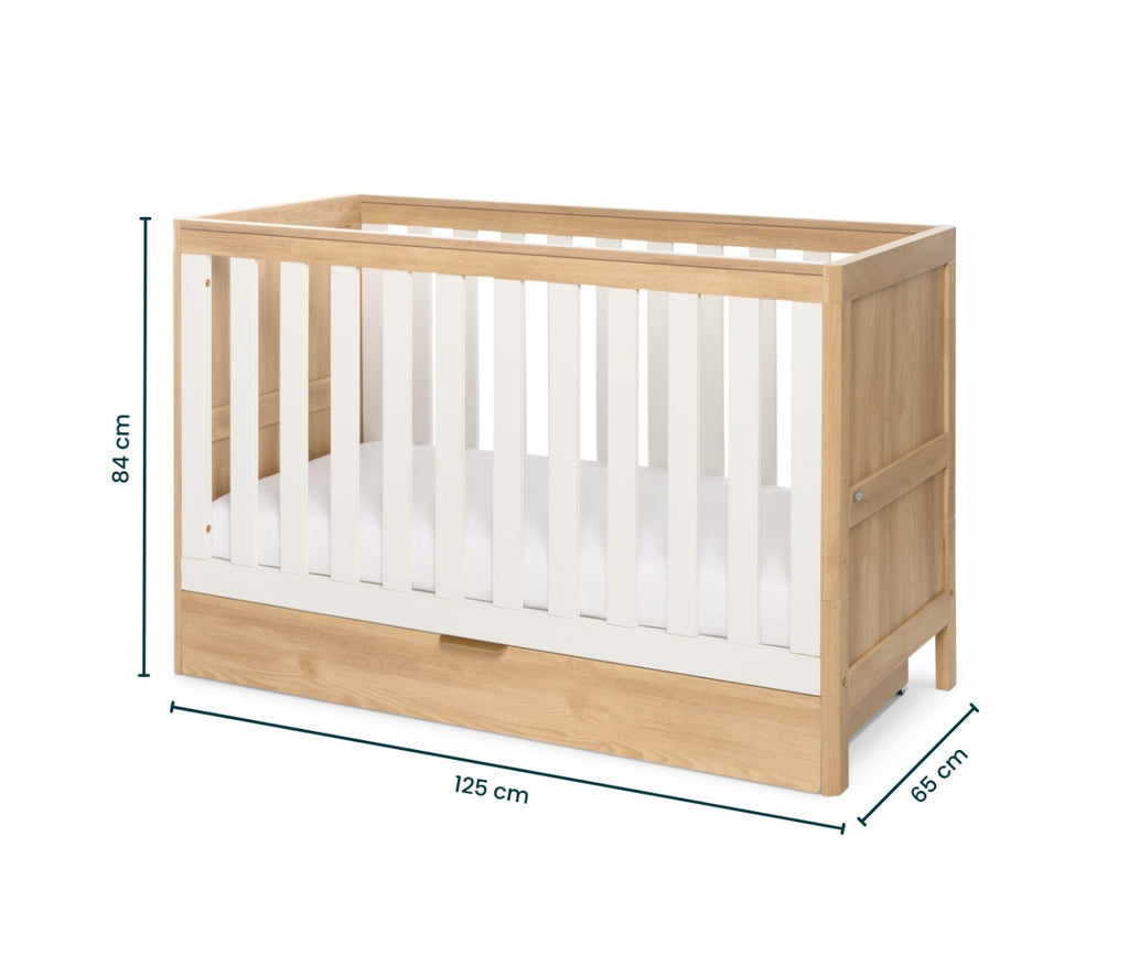 Riley Mini Cot Bed with Storage Drawer White & Oak | Tutti Bambini